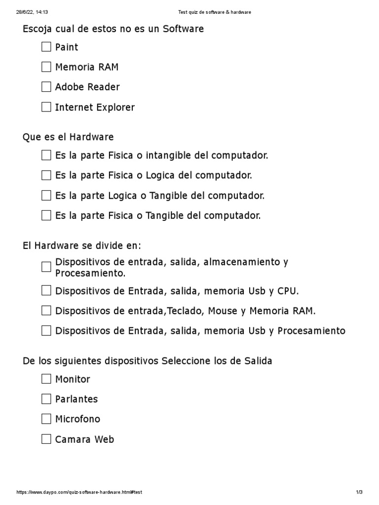Test Quiz de Software & Hardware | PDF | Hardware de la computadora ...