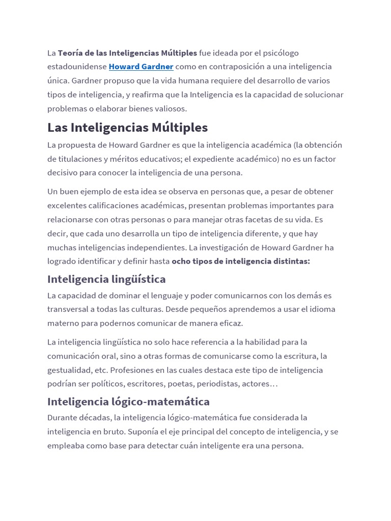 Inteligencias Múltiples. Gardner | PDF | Inteligencia | Psicología cognitiva