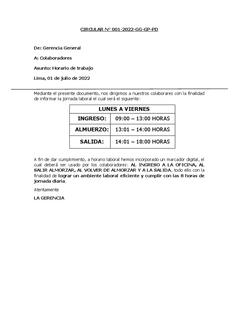 CIRCULAR Horario Laboral | PDF