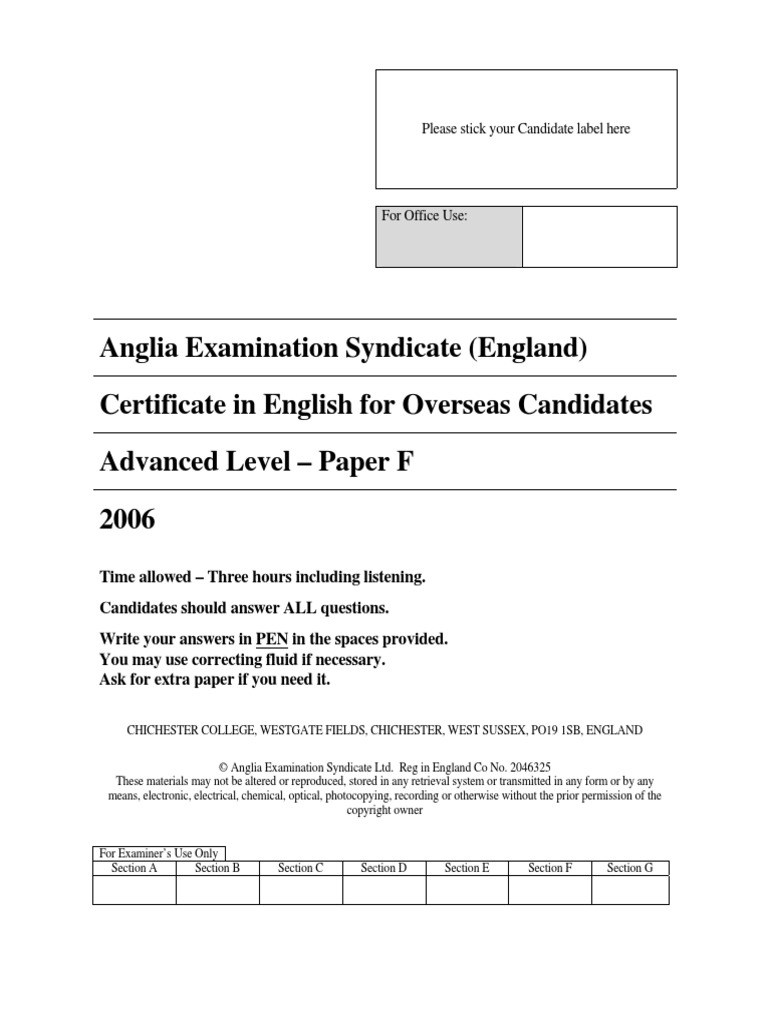 Anglia Examination Syndicate (England) Certificate in English For ...