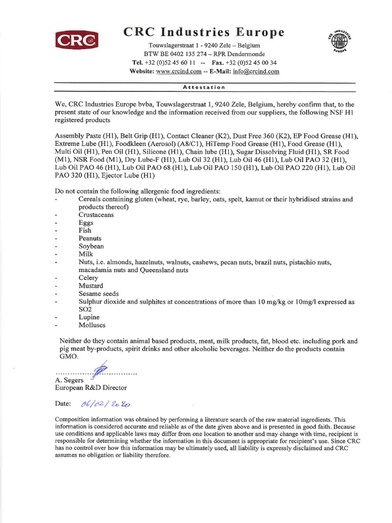 Allergen Statement - CRC H1 Food Products - 06FEB2020 | PDF