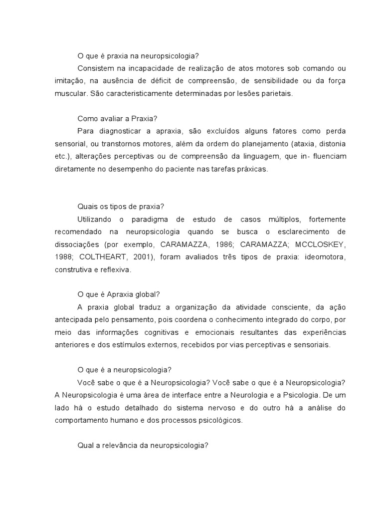 Os diferentes tipos de praxia e sua avaliação na neuropsicologia | PDF ...