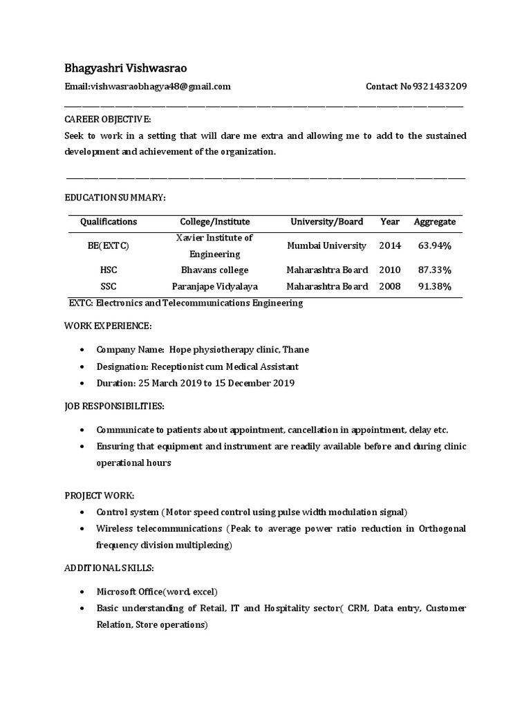 Bhagyashri Ramakant Vishwasrao Resume | PDF | Telecommunications | Computing