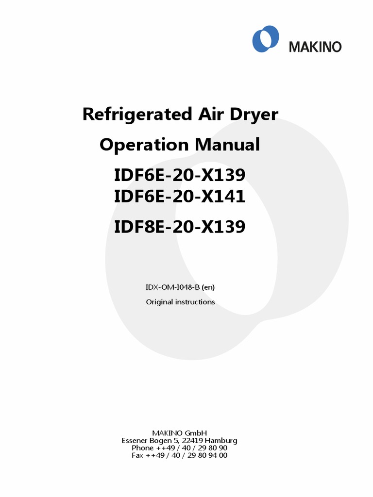 Refrigerated Air Dryer Operation Manual IDF6E-20-X139 IDF6E-20-X141 ...