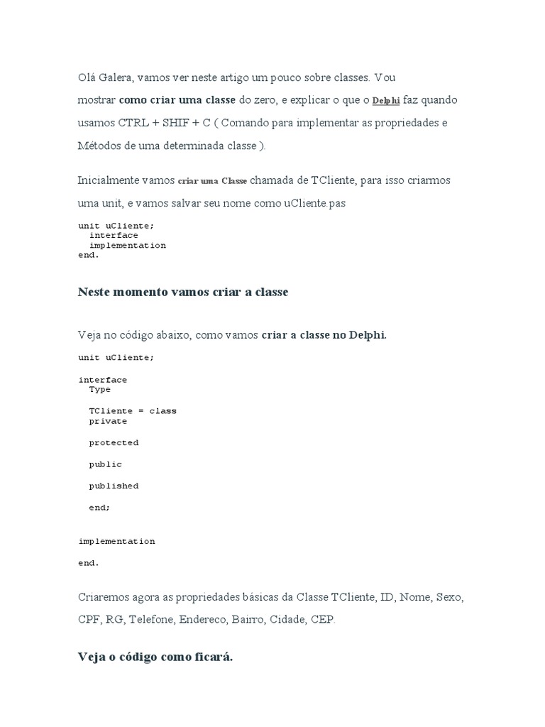 Classe Delphi | PDF | Linguagem de programação | Classe (programação de ...
