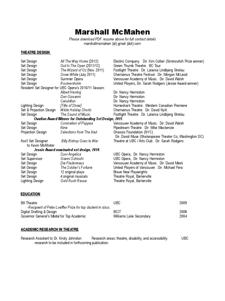 Marshall McMahen, Resume, June 2011 | PDF
