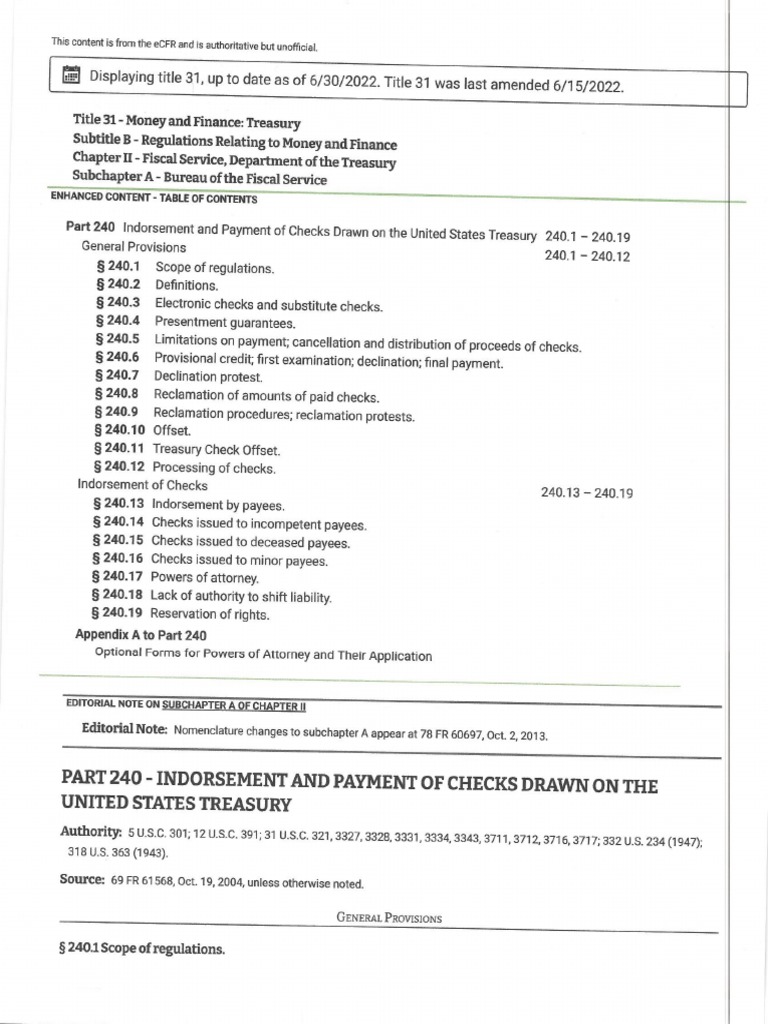Part 240-Indorsement and Payment of Checks Drawn On The United States ...