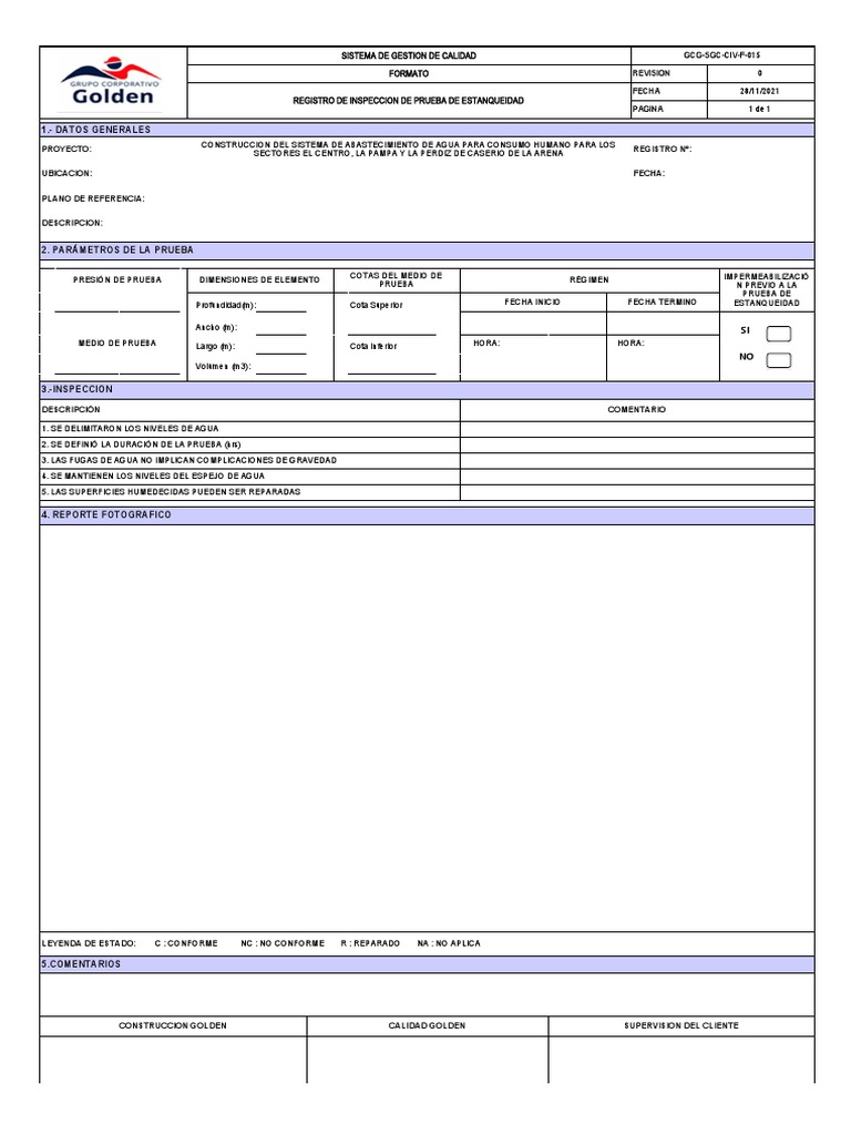 GCG-SGC-CIV-F-015 Reg. Inspeccion de Estanqueidad | PDF | Agua