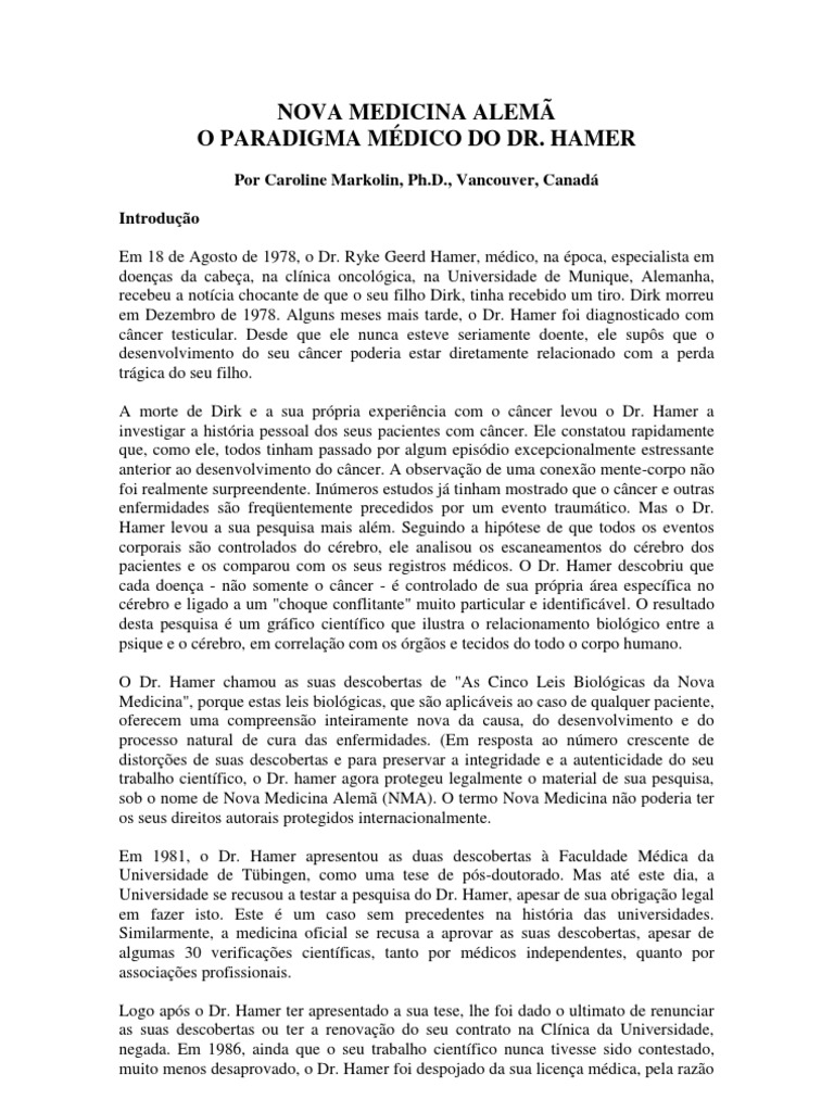 Nova Medicina Alema Por Caroline Markolin PH D | PDF | Telencéfalo | Câncer