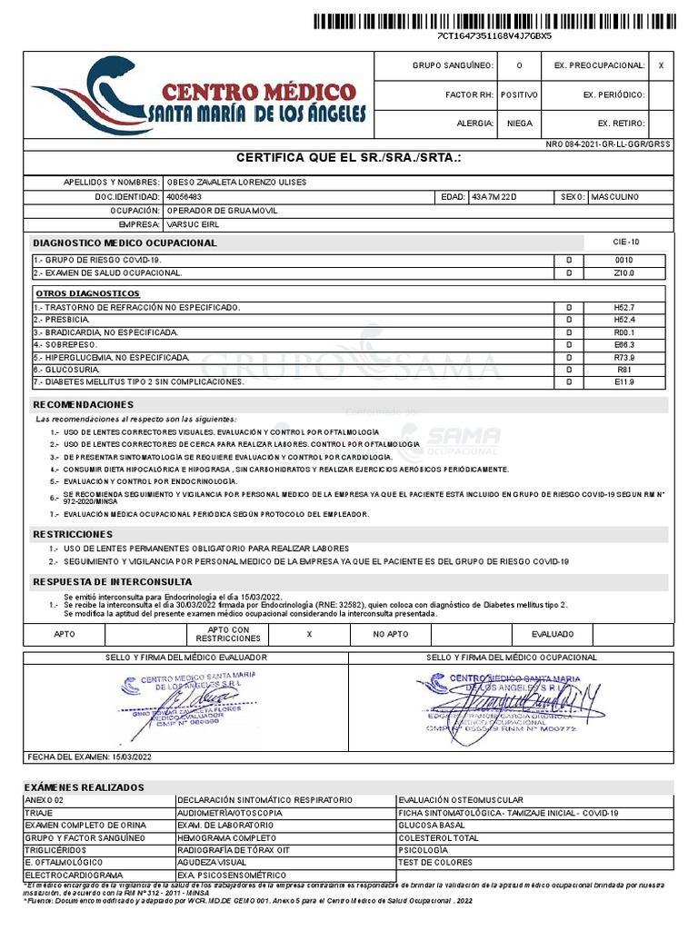 Certificado Medico - Ulises Obeso 2022 | PDF | Obesidad | Medicina CLINICA