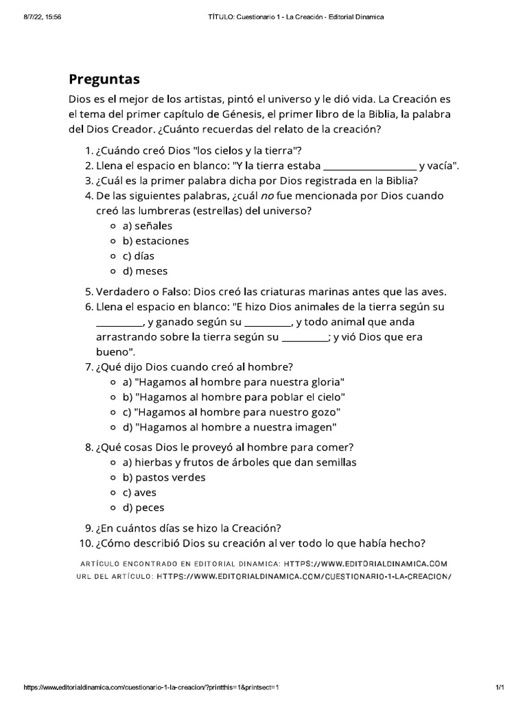 Cuestionario Genesis 1 | PDF