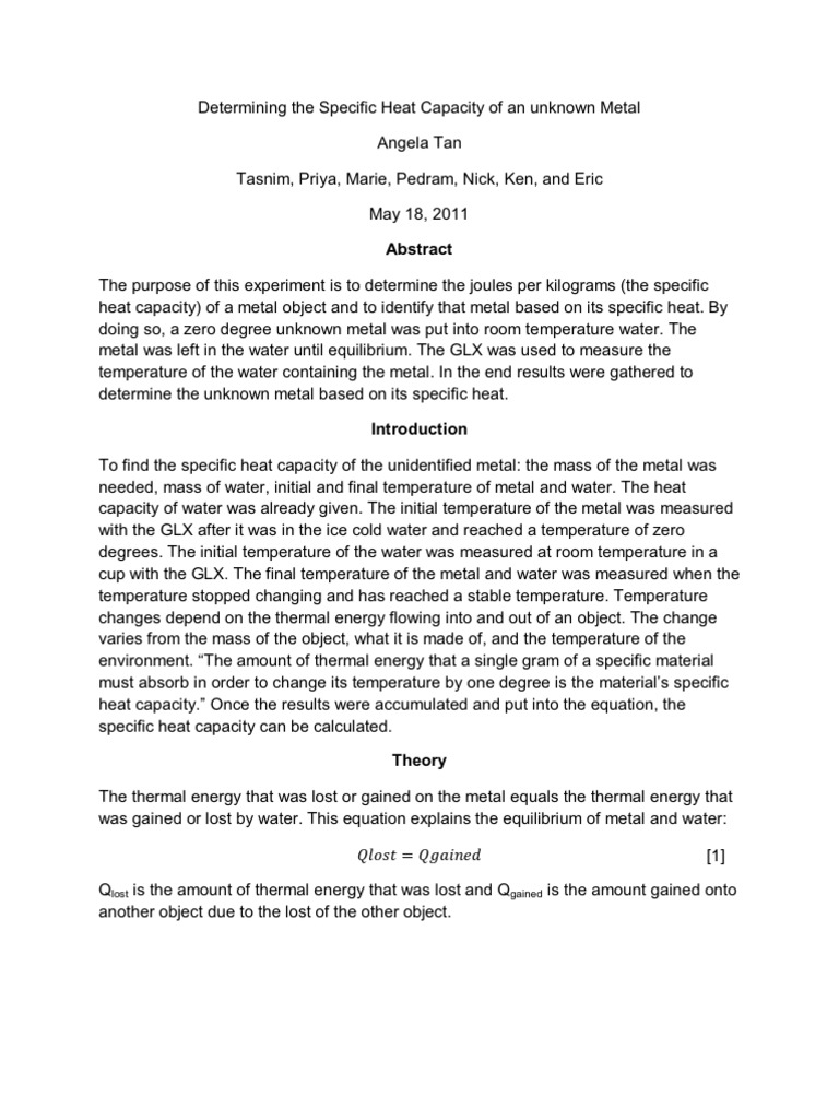 Identifying Unknown Metals via Specific Heat | PDF