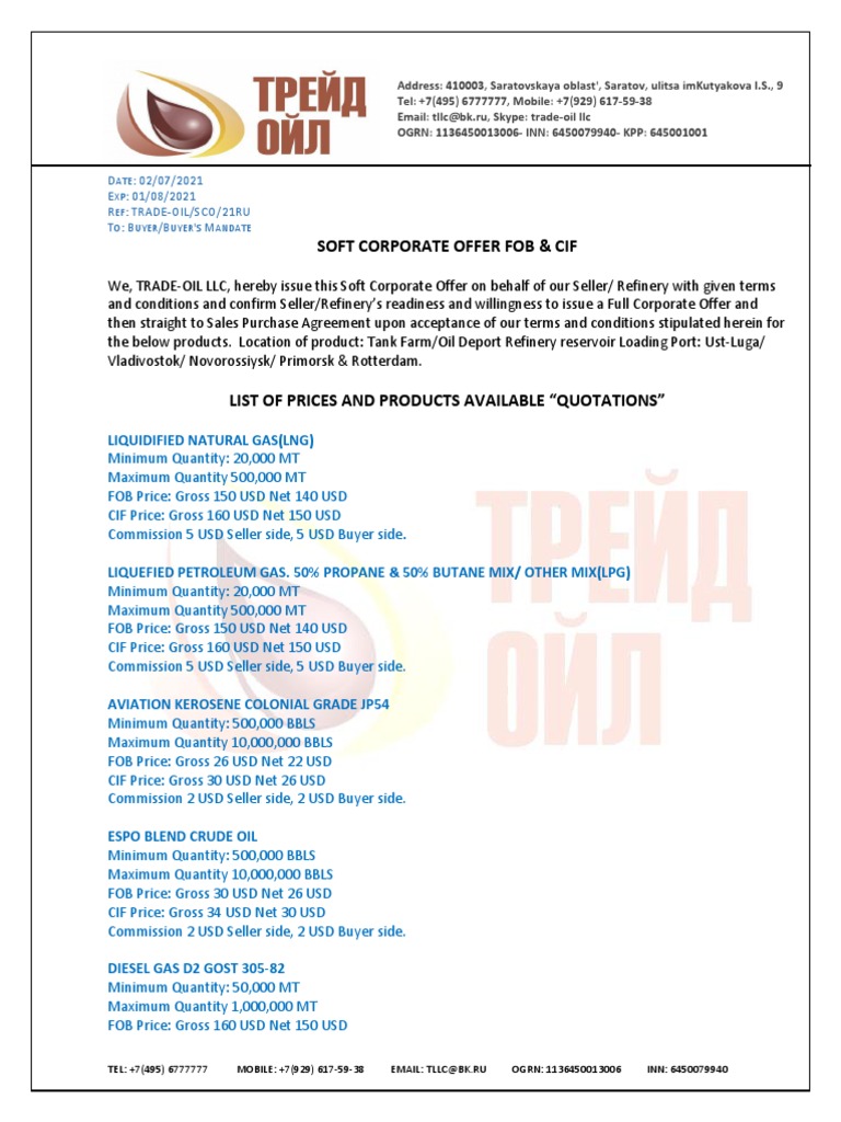 Trade Oil Offer NEW Offfer | PDF | Invoice | Petroleum