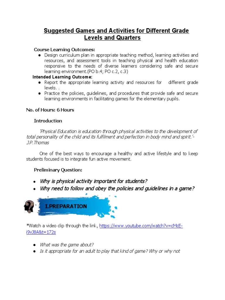 LM4-Suggested Games and Activities For Different Grade Levels and ...