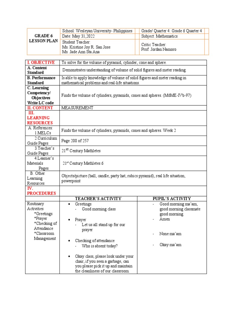 g6 Lesson Plan in Math Sir Jordan Gawa | PDF | Volume | Area