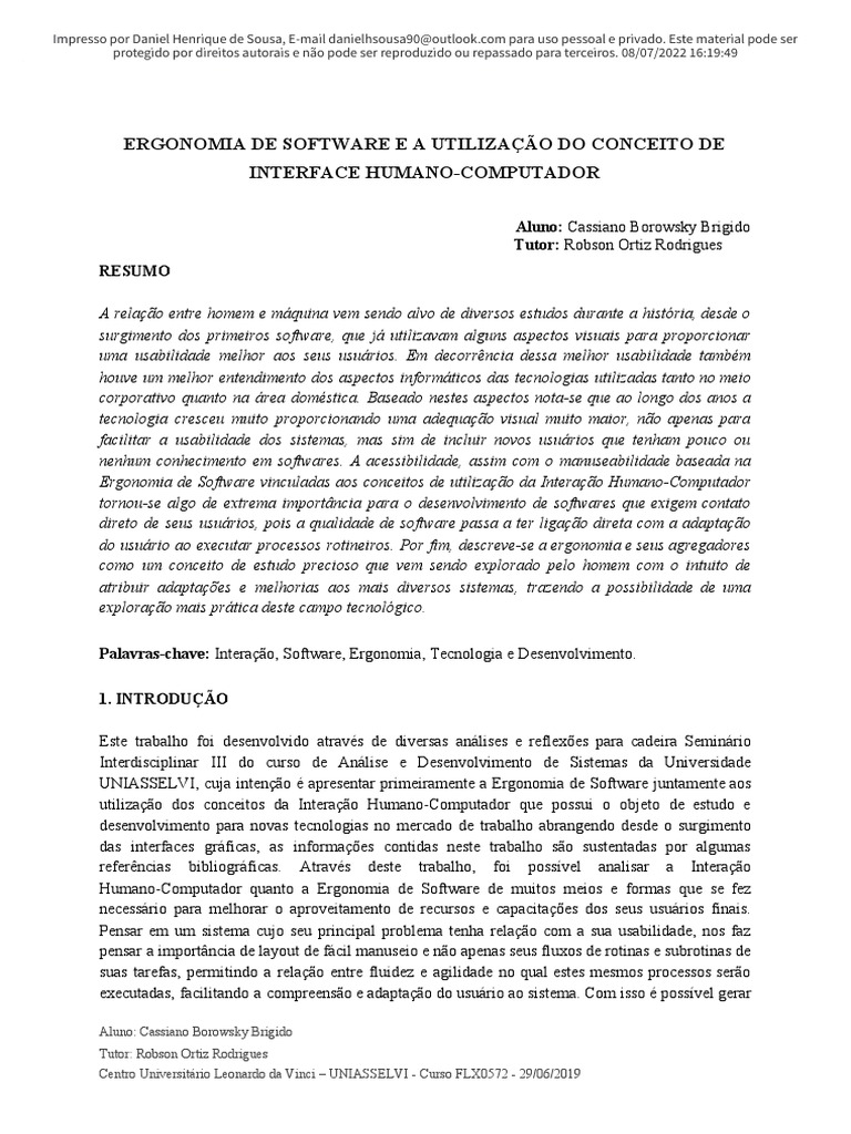 Paper - Ergonomia de Software - Passei Direto | PDF | Fatores humanos e Ergonomia | Usabilidade