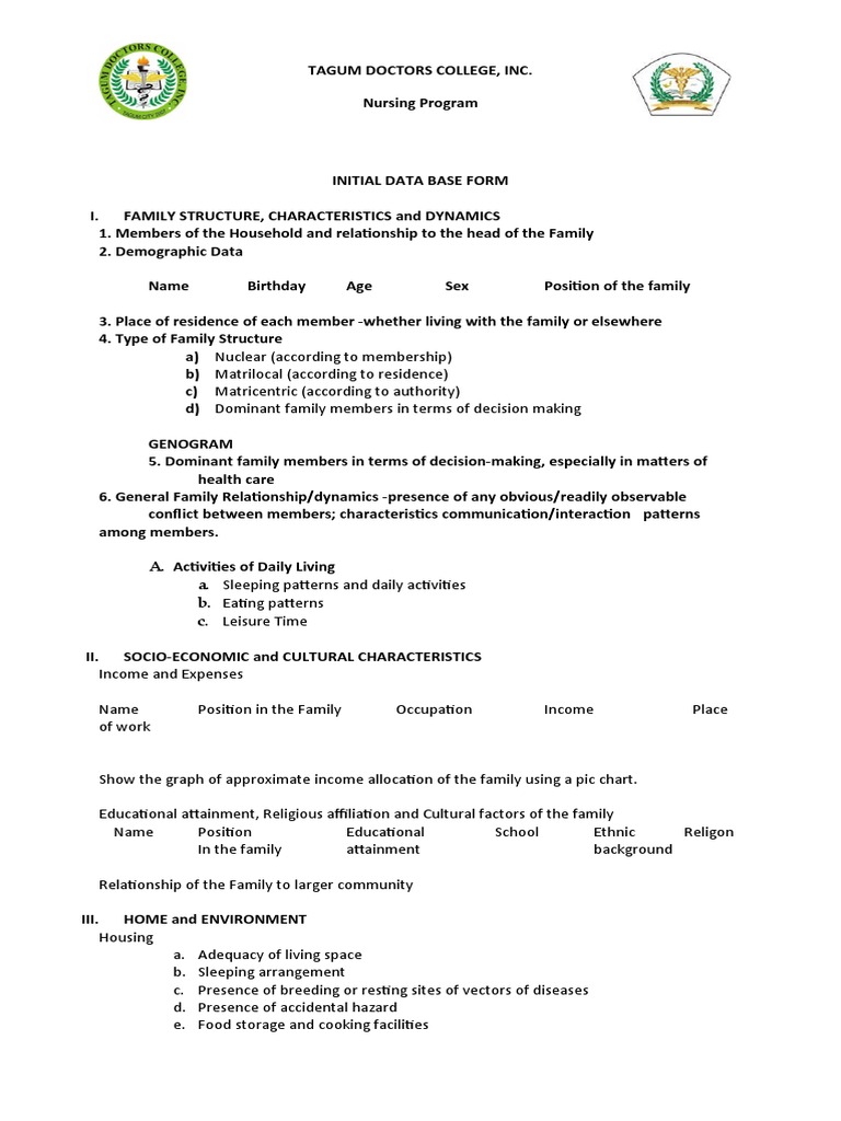 Initial Data Base Form | PDF | Nursing | Health Care