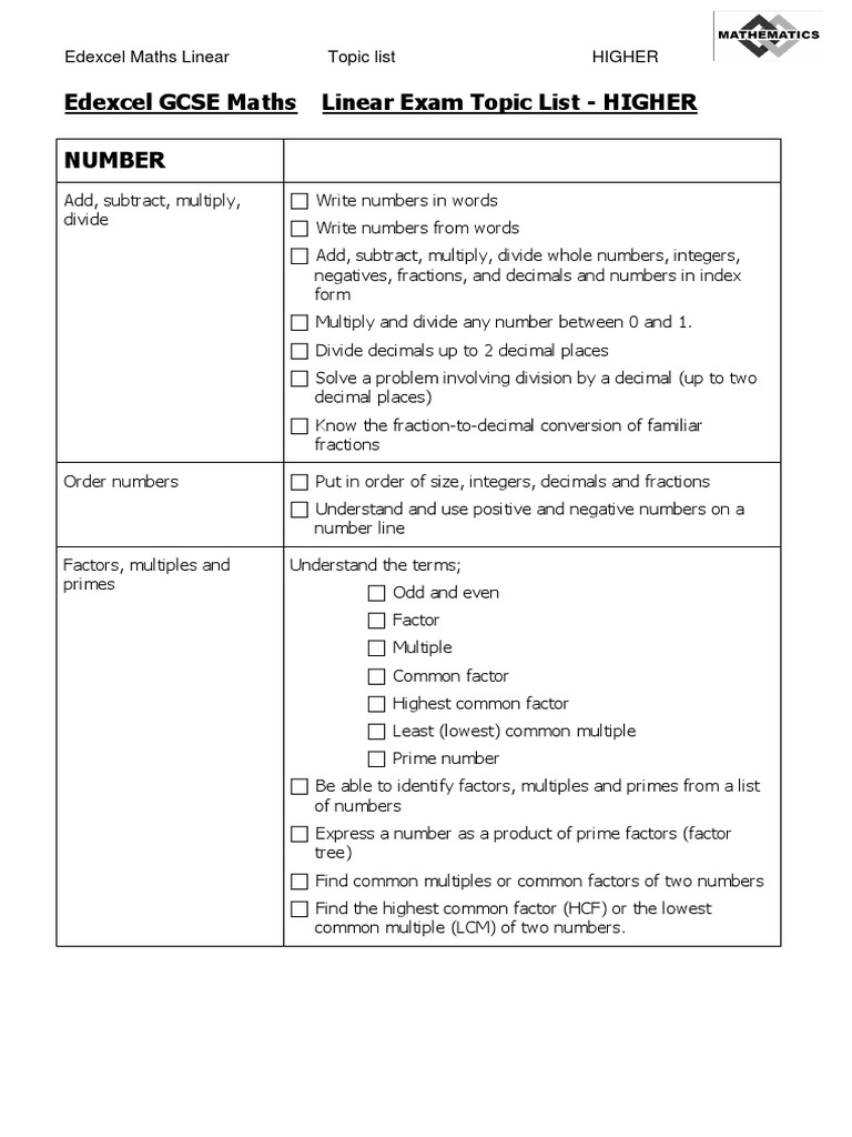 Edexcel GCSE Maths Linear Exam Topic List - HIGHER Number | PDF | Area ...