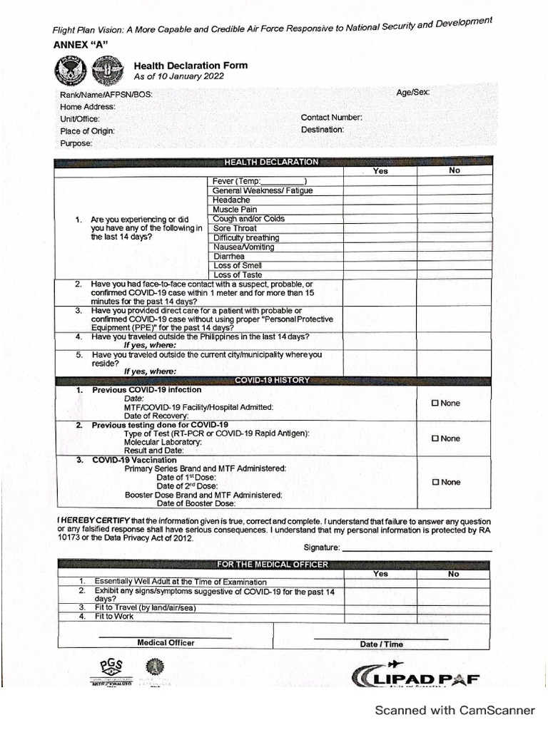 Health Declaration Form - 1 | PDF