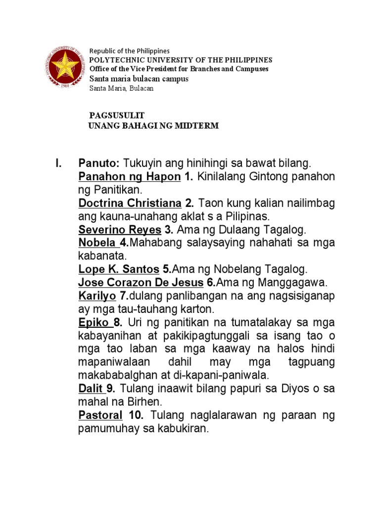 Unang Bahagi NG Midterm Exam Gawain Sa Panitikang Filipino May 23 2022 | PDF