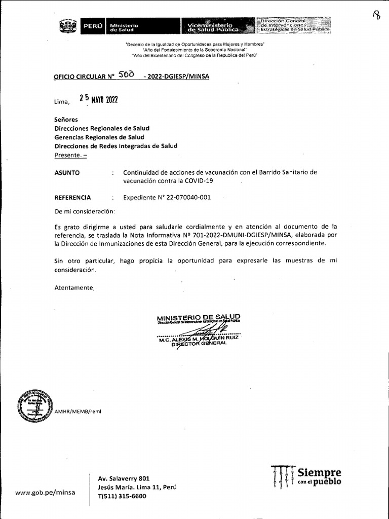 Oficio Circular #500-2022-Dgiesp-Minsa | PDF