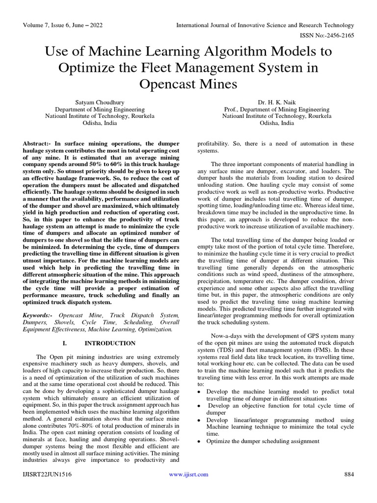 Use Of Machine Learning Algorithm Models To Optimize The Fleet Management System In Opencast 3062