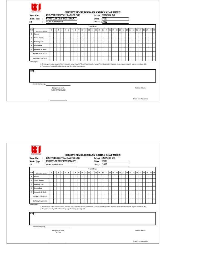 Checklist Harian Alat Medis Juli | PDF