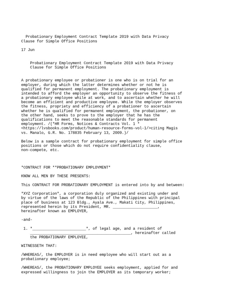 Probationary Employment Contract Template 2019 With Data Privacy Clause ...