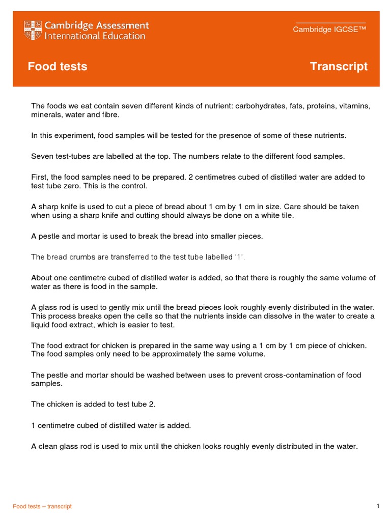 Food Tests Transcript: Cambridge IGCSE ™ | PDF | Water | Food And Drink