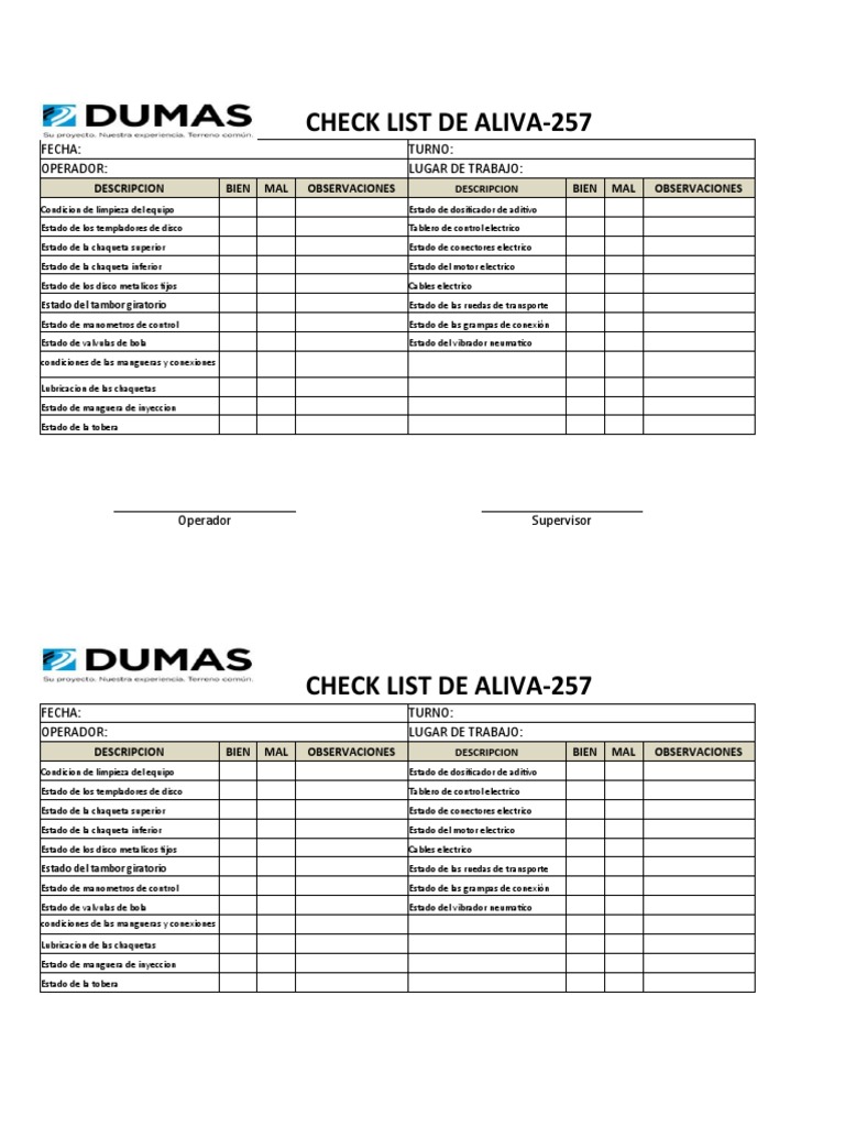 Check List de Aliva-257 | PDF | Bienes manufacturados | Ingeniería mecánica