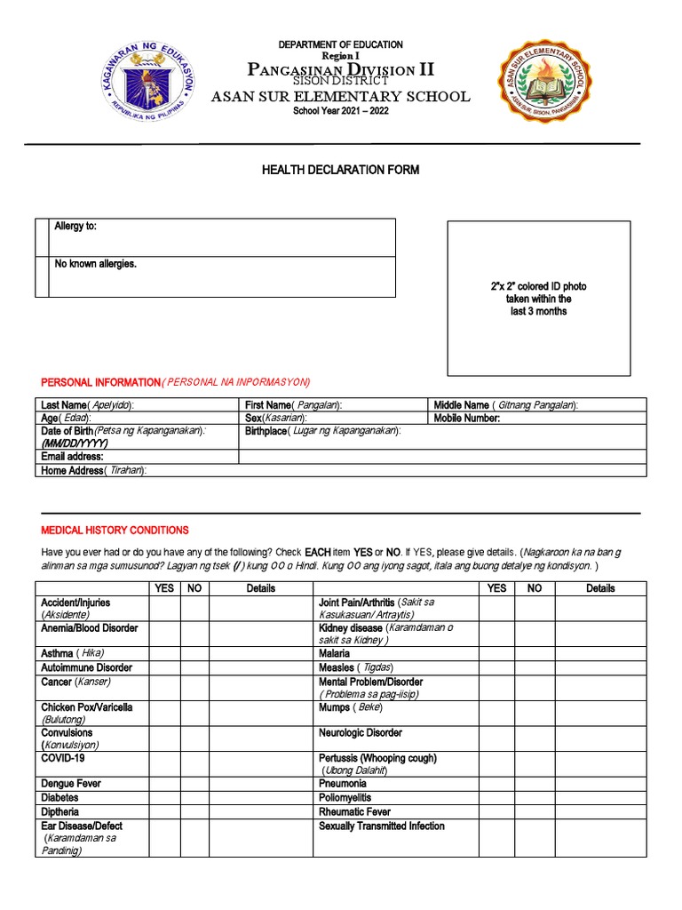 Health Declaration Form for Asan Sur Elementary School | PDF | Diseases ...