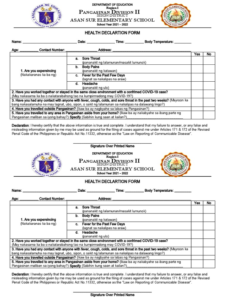 Health Declaration Form | PDF | Microbiology | Symptoms And Signs