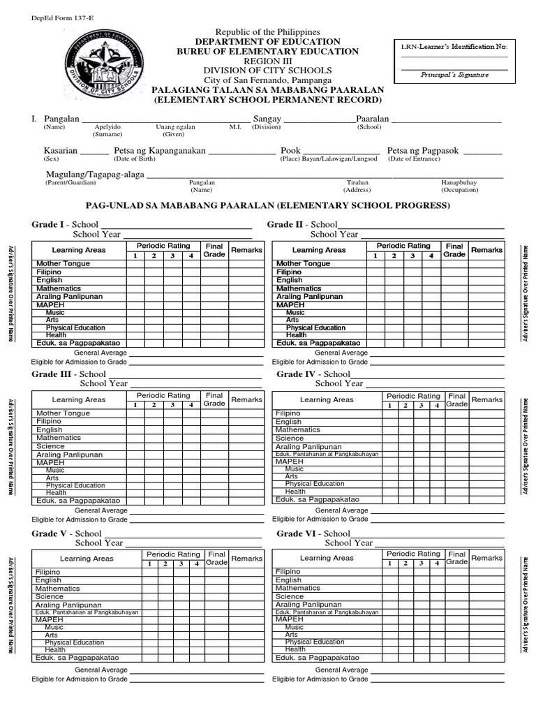 Elementary School Permanent Record Form | PDF | Psychology