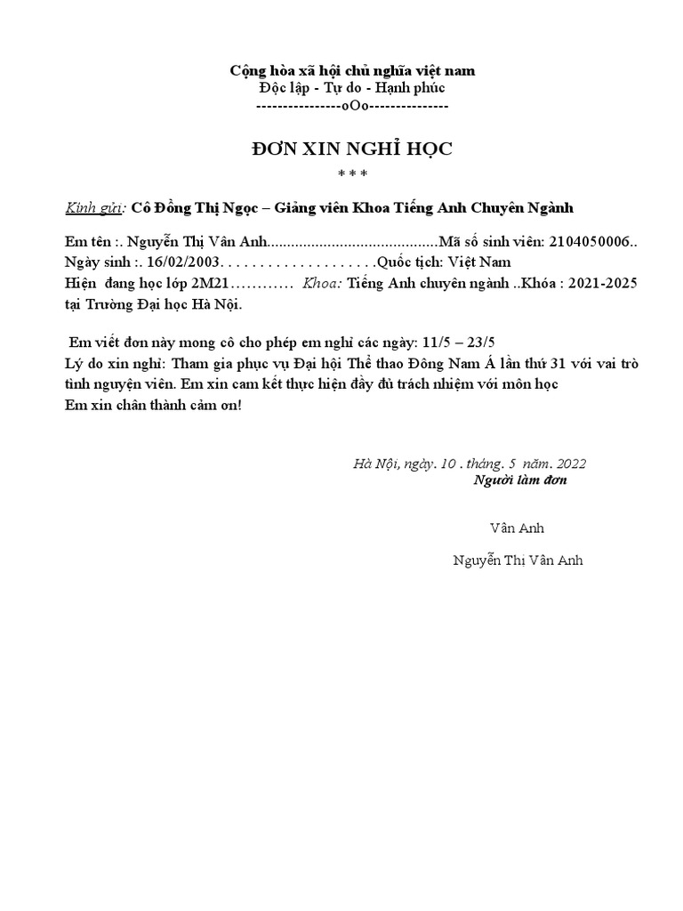 Mau Don Xin Nghi Hoc | PDF