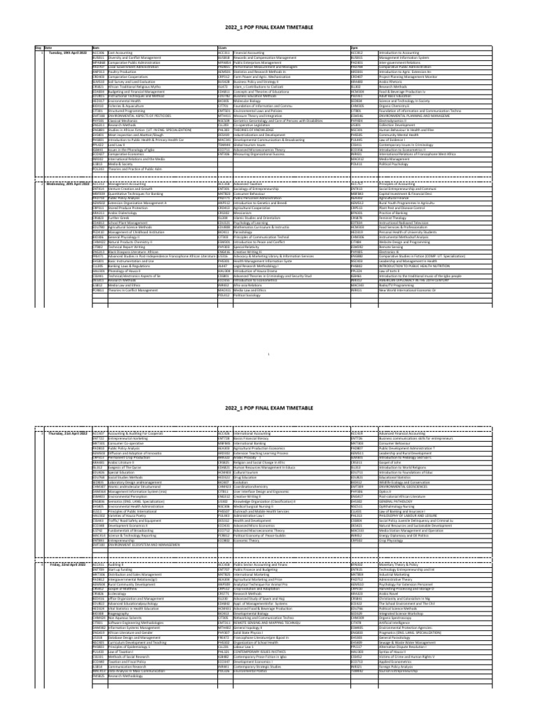 2022 - 1 Pop Final Exam Timetable: Day Date 8am 11am 2pm Tuesday, 19th ...