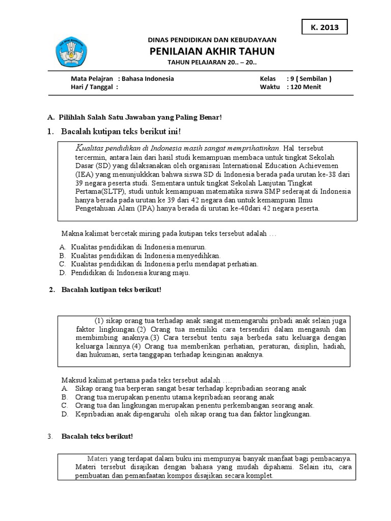 Soal PAT Kelas IX - Bahasa Indonesia (Websiteedukasi - Com) /latihan 2/soal PAT B.Indo Kelas 9 ...