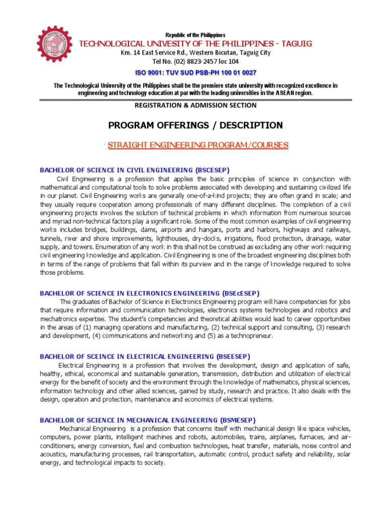 Tup Taguig - Program Offerings | PDF | Engineering | Mechanical Engineering