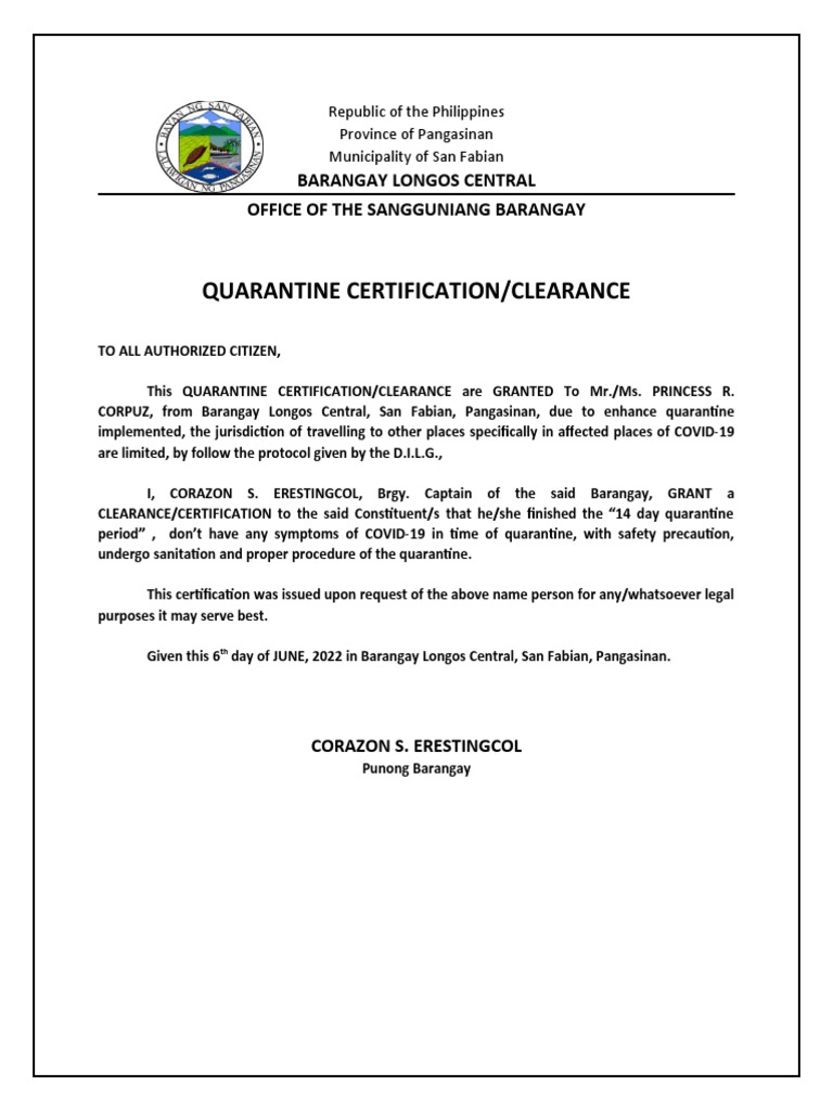 Quarantine Clearance Certificate - Longos Central | PDF