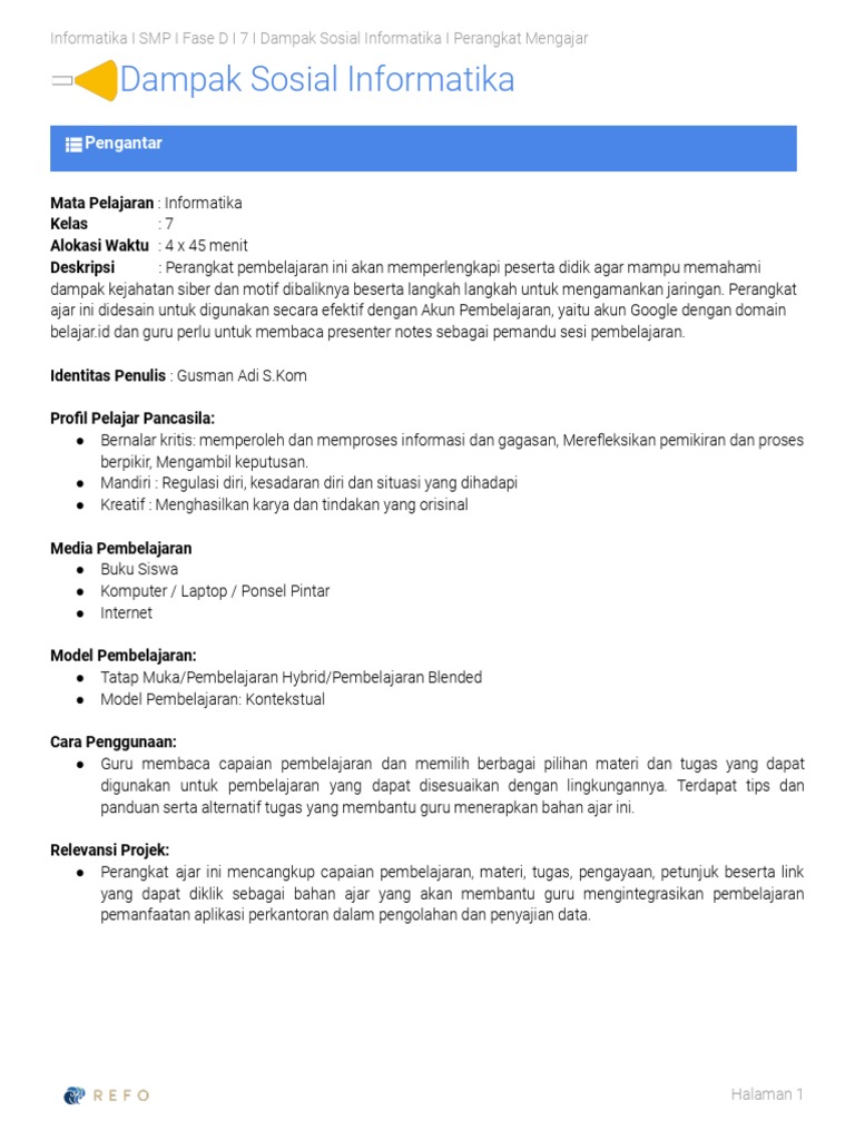 Informatika - Bahan Ajar - SMP 7 - Fase D - Dampak Sosial Informatika | PDF | Komputer