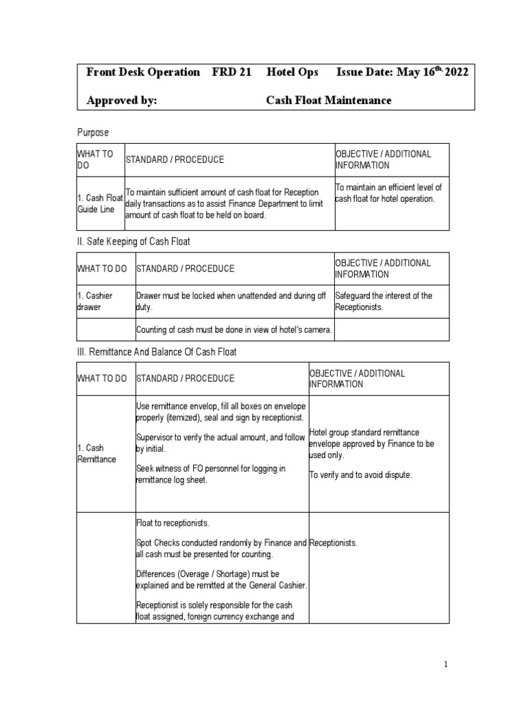 Cash Float Procedures for Front Desk | PDF | Cash | Business
