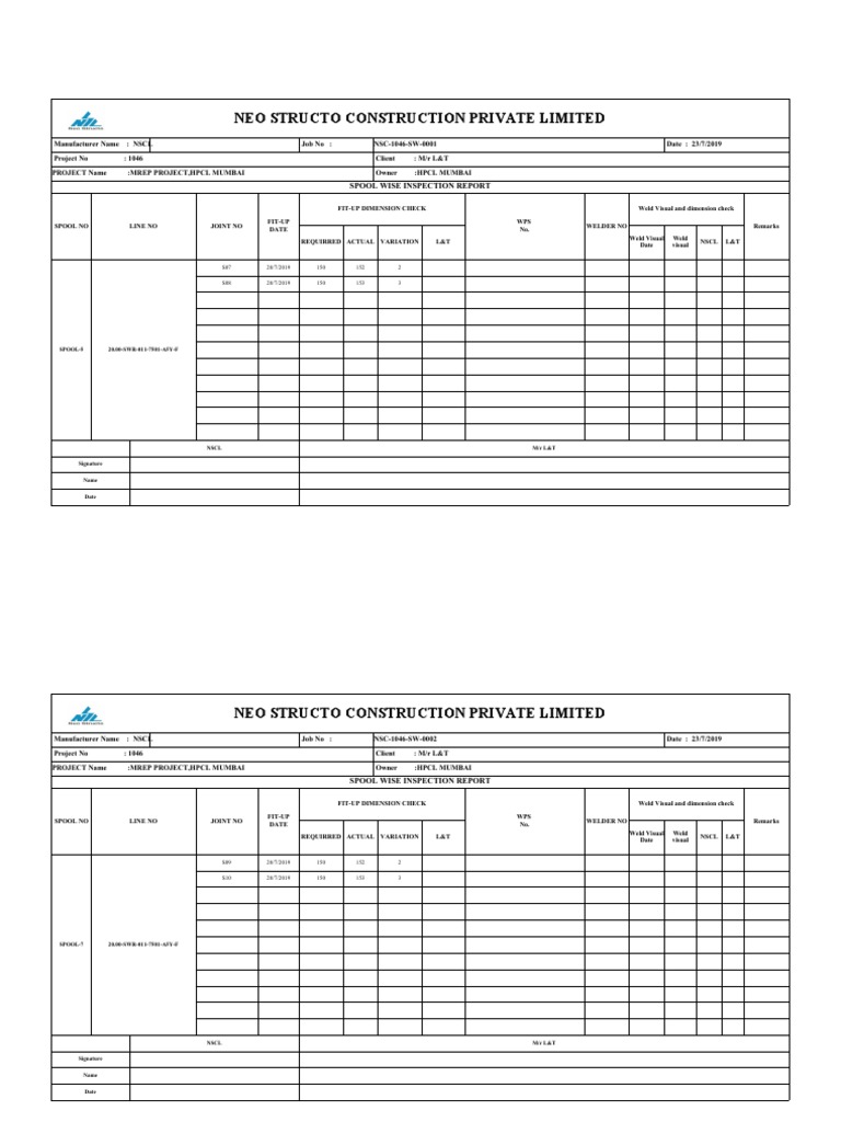 Spool Wise Inspection Reportes | PDF | Construction | Welding
