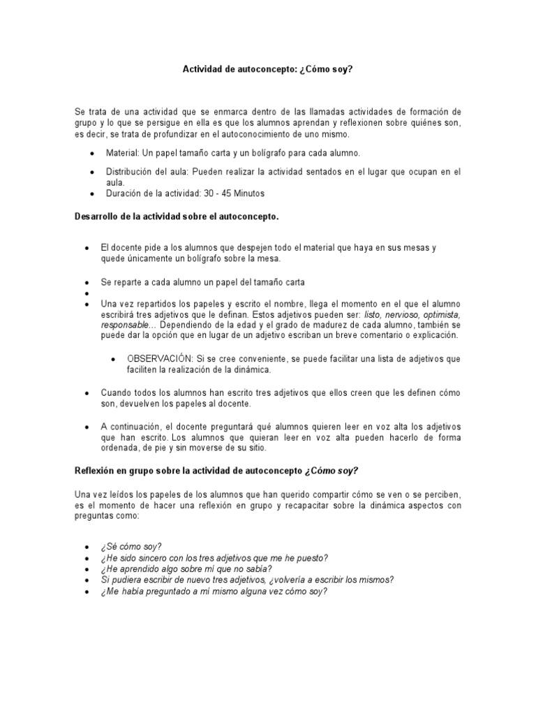 Actividad de Autoconcepto | Descargar gratis PDF | Las emociones ...