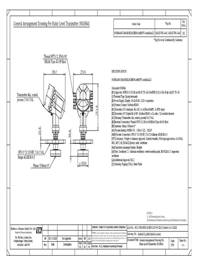 General Arrangement Drawing For Radar Level Transmitter (NMR84) | PDF ...