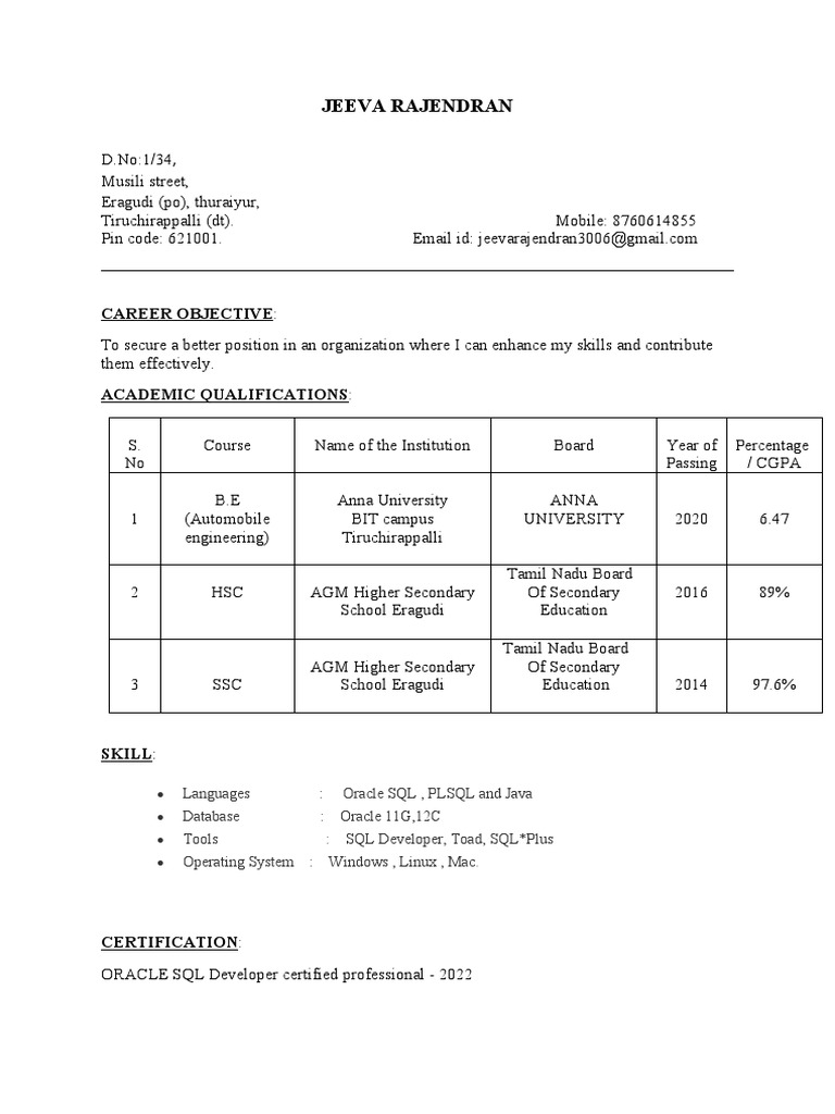 Jeeva Rajendran: Career Objective | PDF | Pl/Sql | Sql