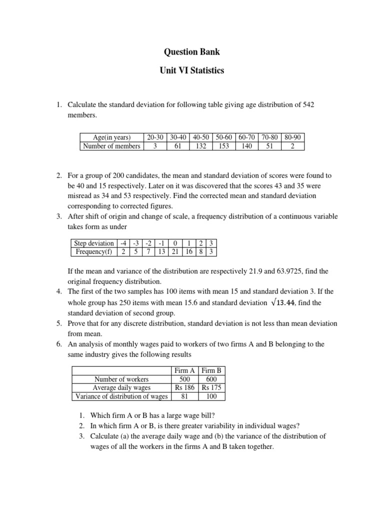 Practice Questions Statistics | PDF | Variance | Standard Deviation