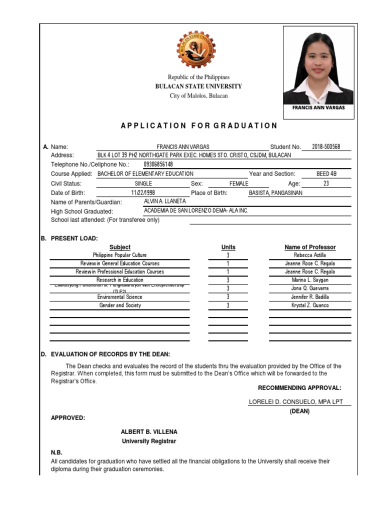 Vargas, Francis Ann (Beed 4b) - Application Form For Graduation | PDF