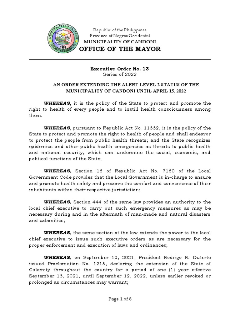 Candoni Extends Alert Level 2 Status | PDF | Quarantine | Executive Order