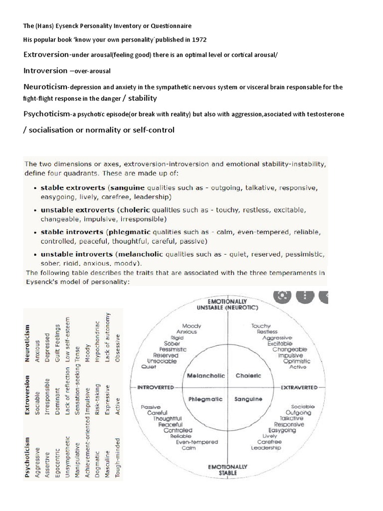Eysenck Personality Inventory Questionnaire | PDF | Psychological ...