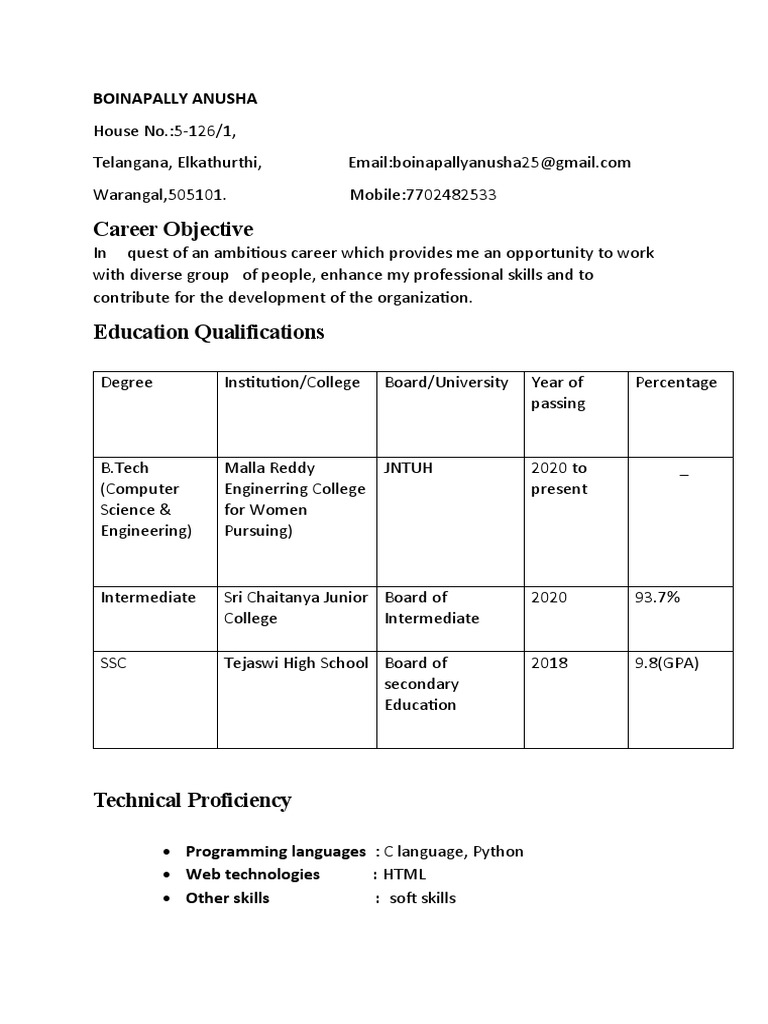 Career Objective: Boinapally Anusha | PDF | Bluetooth | Computing