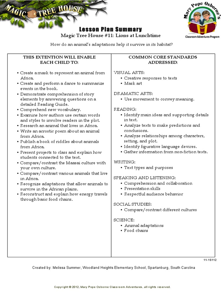 Lesson Plan Summary: Magic Tree House #11: Lions at Lunchtime | PDF ...
